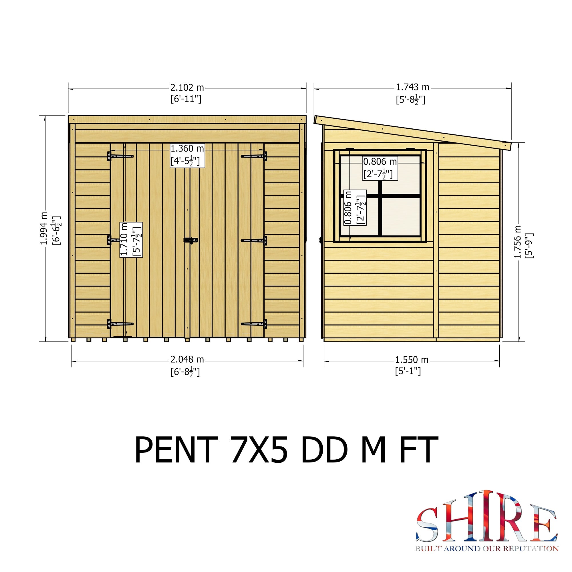 Shire 7x5 double door Pent shed 12mm shiplap interlock cladding – Best Shed